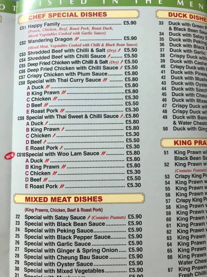Menu at New Dragon City, Tutbury