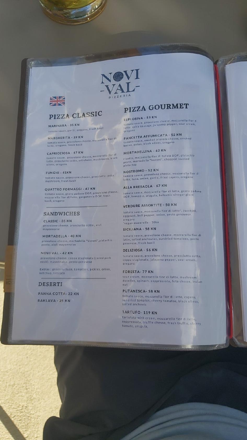 Menu at Novi Val Pizzeria, Novi Vinodolski