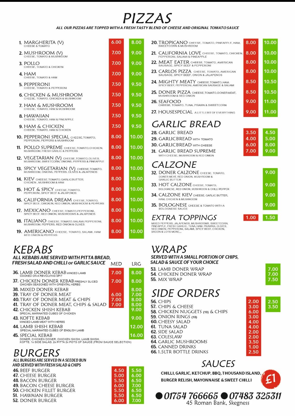 Menu at ROMA PIZZA pizzeria, Skegness