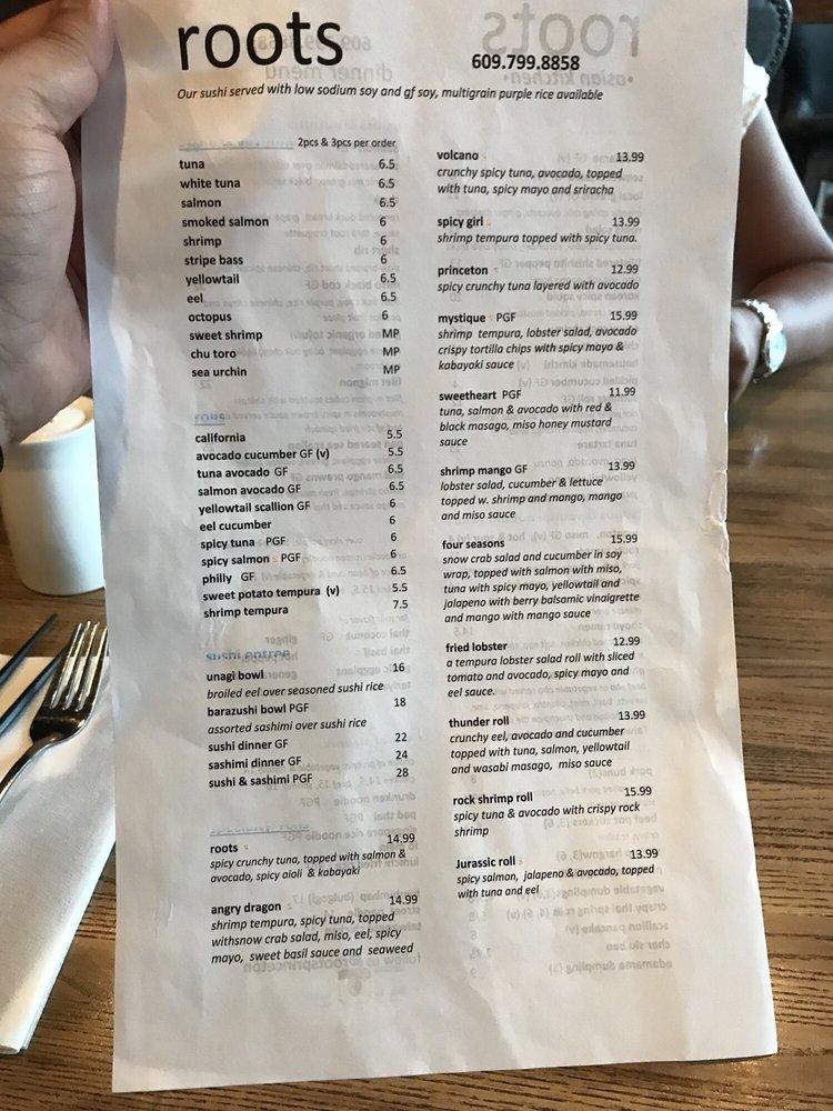Menu at roots restaurant, Princeton
