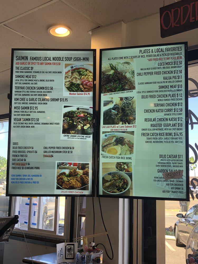 Menu at Saimin Dojo restaurant, Kapaa