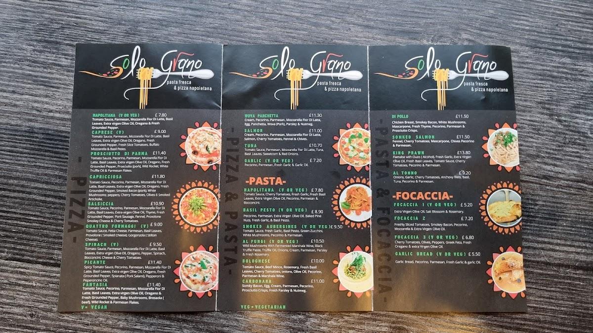 Menu at Solo Grano restaurant, Nottingham