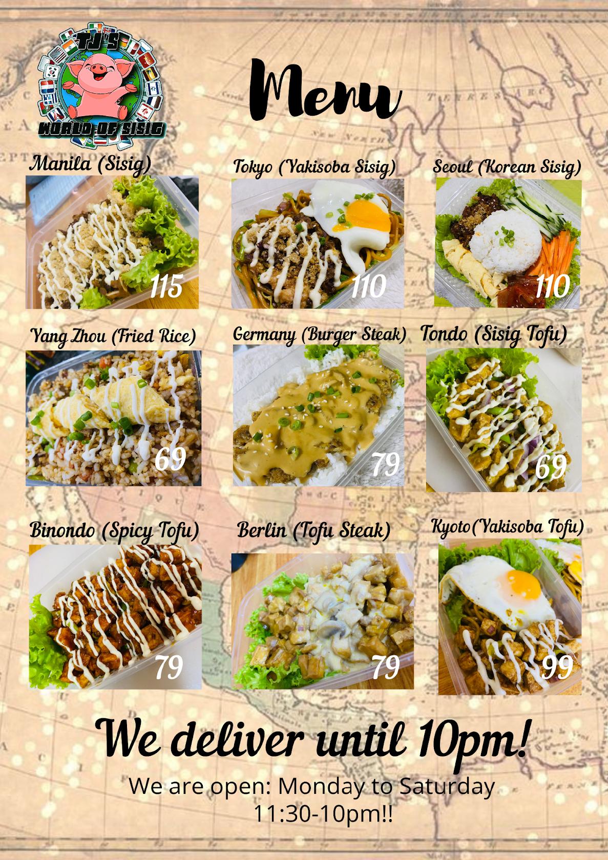 Menu at TJ's WORLD OF SISIG restaurant, Angono