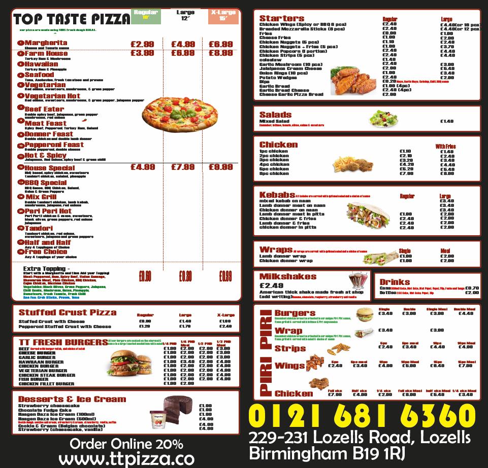 Menu at TT Pizza restaurant, Birmingham, 229- 231 Lozells Rd