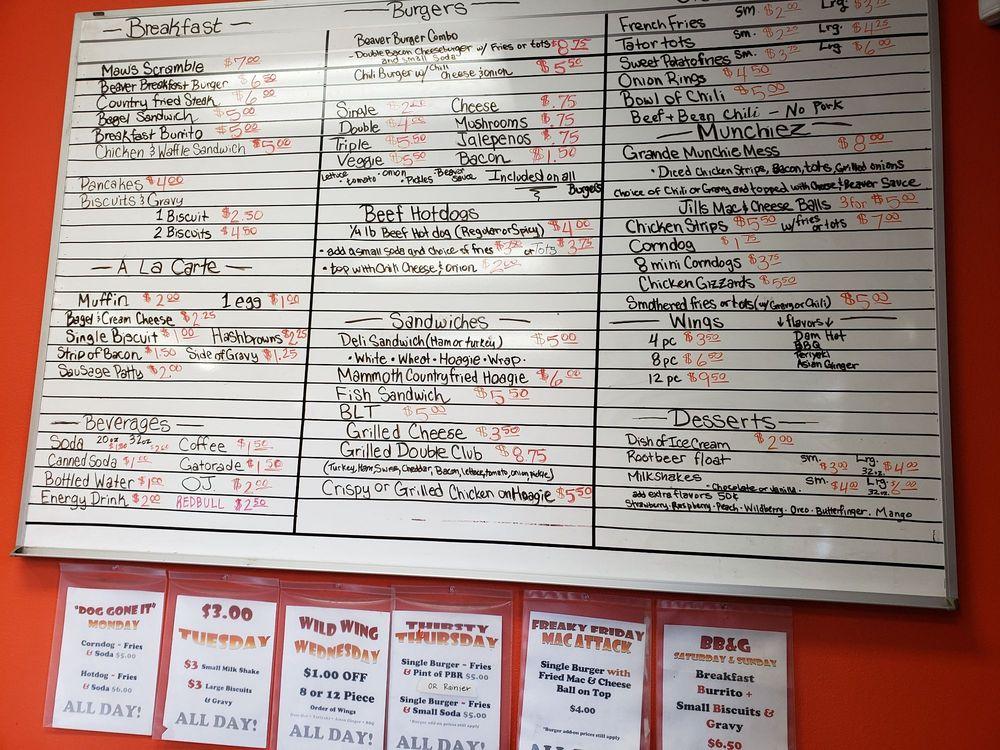 Menu at The Beaver Hut Dam Growlers fast food, Corvallis