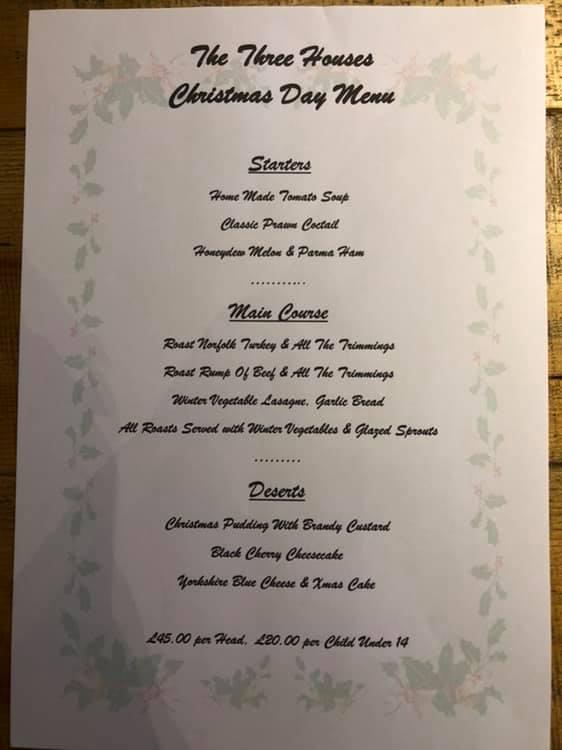 Menu at The Three Houses restaurant, Wakefield