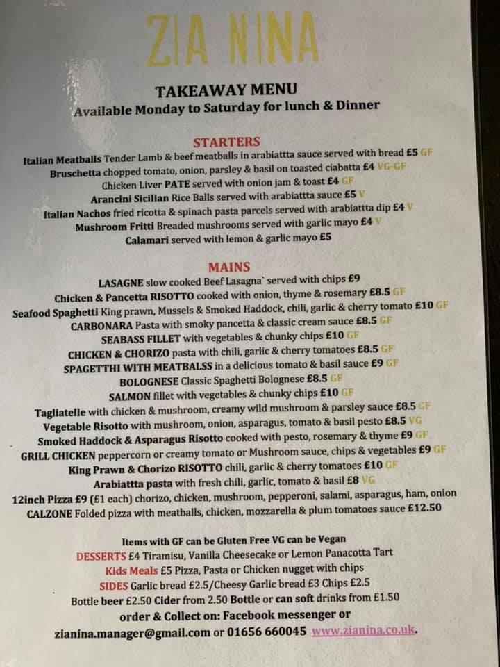 Menu at Zia Nina restaurant, Bridgend