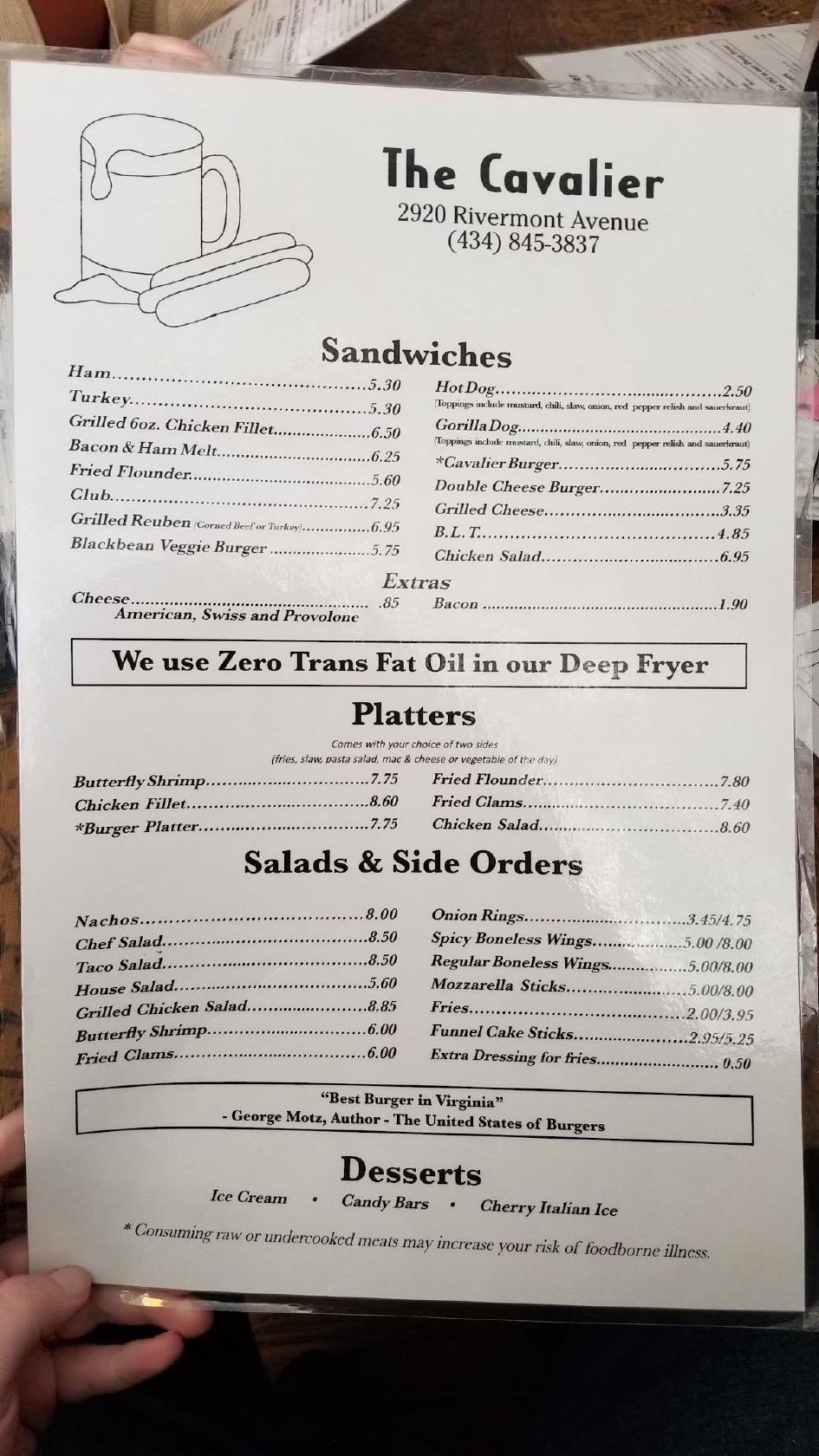 Menu at Cavalier Store restaurant, Lynchburg