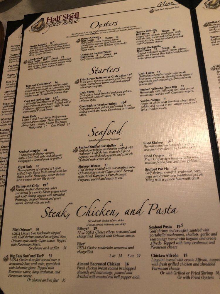 Menu at Half Shell Oyster House restaurant, Tuscaloosa