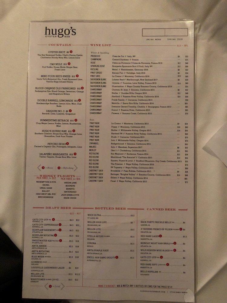 Menu at Hugo’s Oyster Bar, Roswell