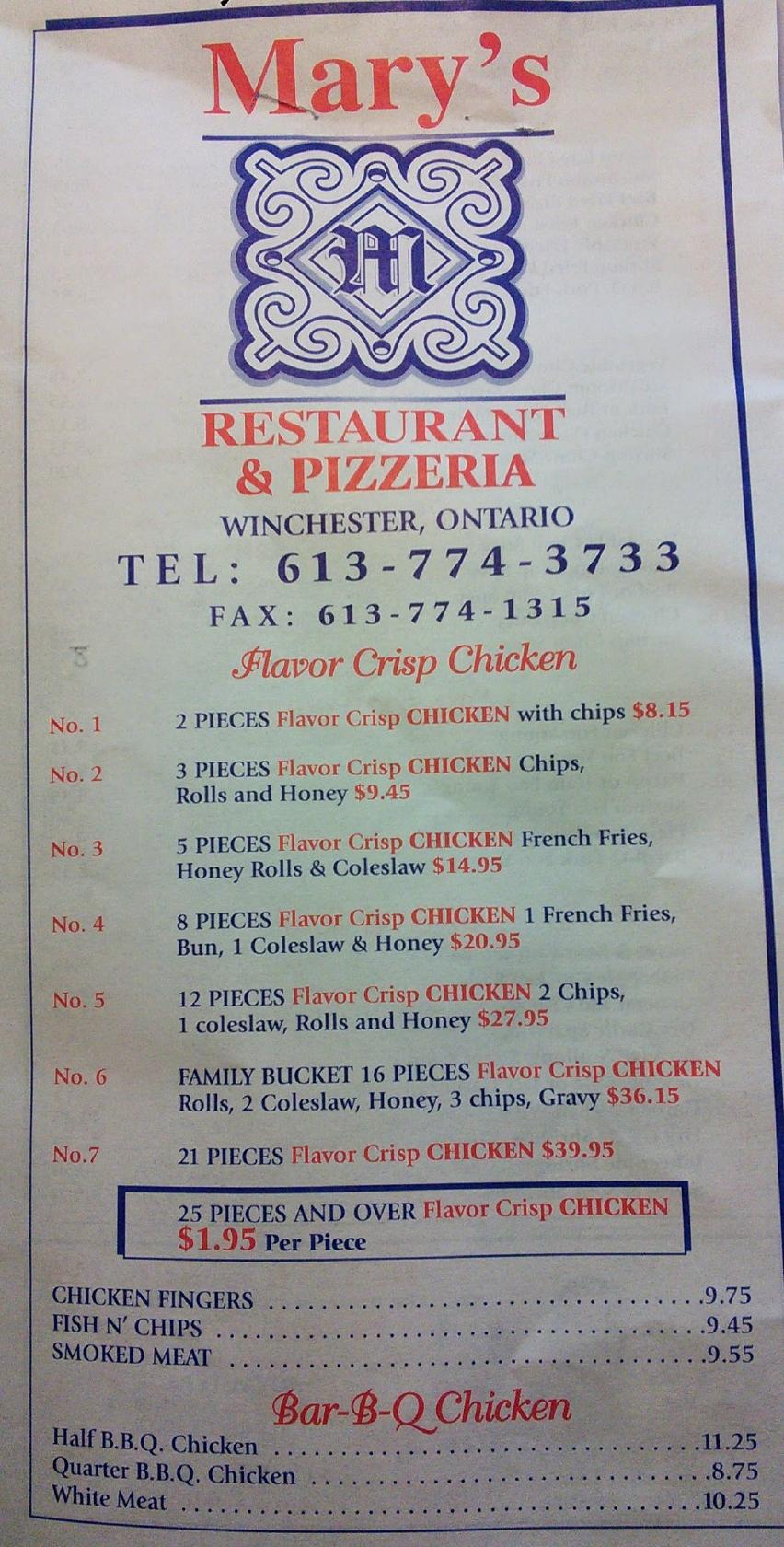 Menu at Mary's Restaurant, Winchester