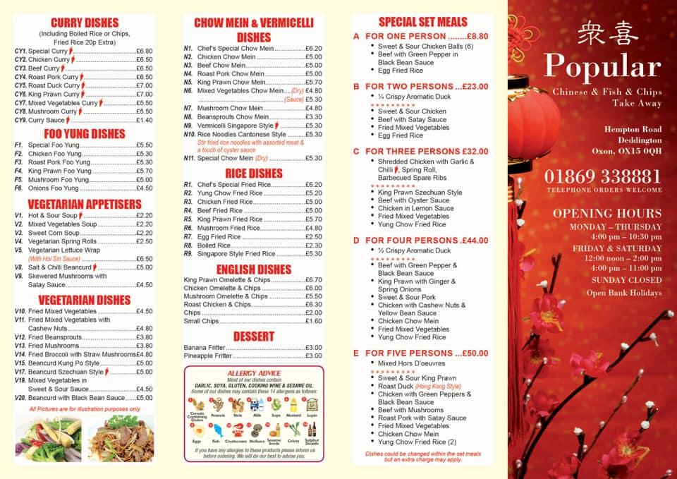 Menu at Popular Chinese fast food, Deddington