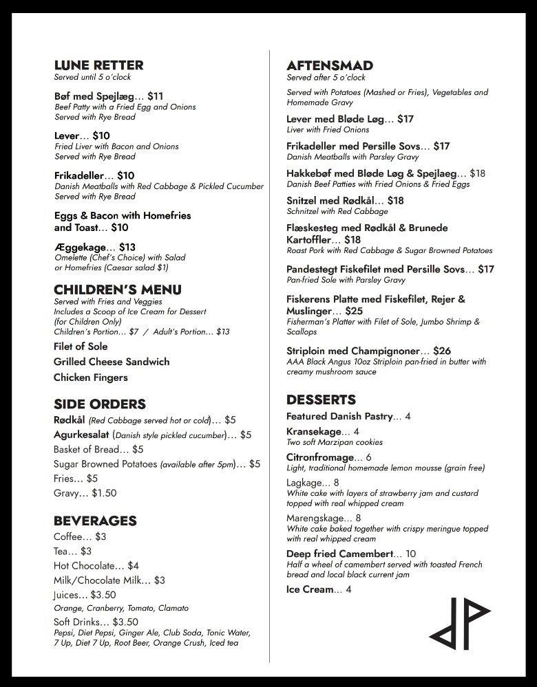 Menu at The Danish Place restaurant, Brant, Concession 1
