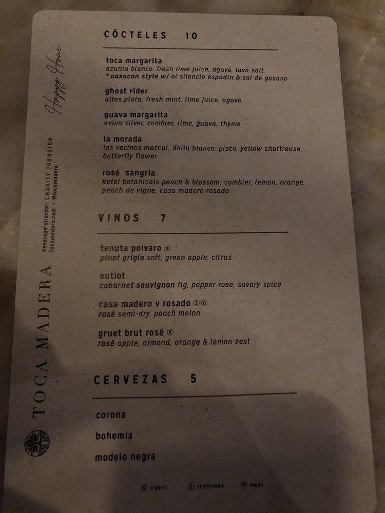 Carta del pub y bar Toca Madera Scottsdale, Scottsdale