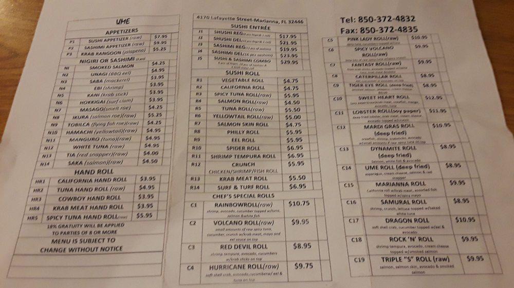 Menu at UME Japanese and Chinese Restaurant, Marianna