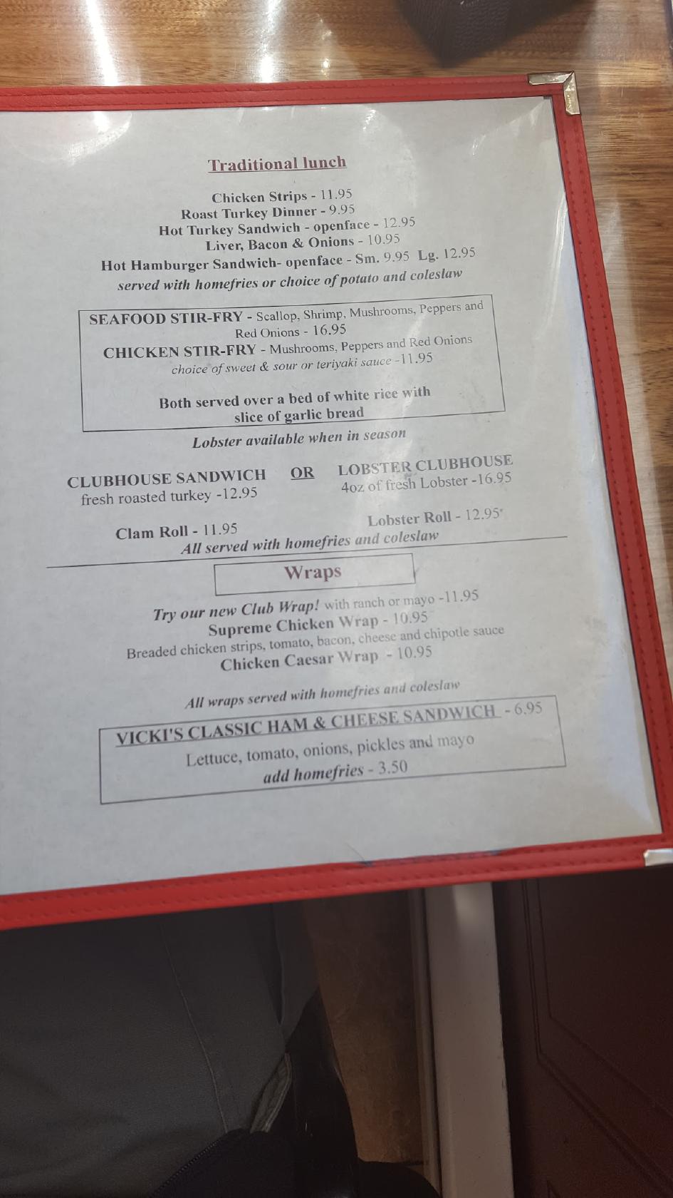 Menu at Vicki's restaurant, Coldbrook, Nova Scotia Trunk 1