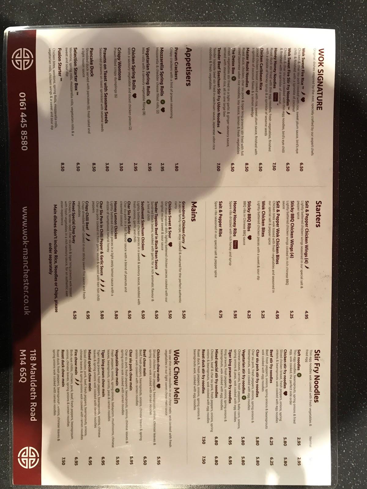 Menu at Wok restaurant, Manchester