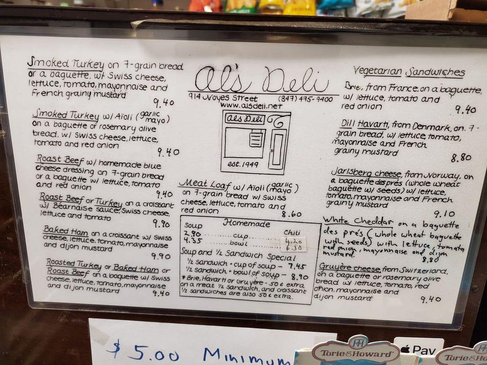 Menu at Al's Deli restaurant, Evanston, 914 Noyes St