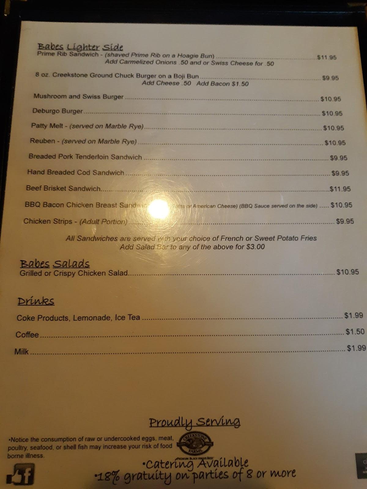 Menu at Babe's Steakhouses, Radcliffe