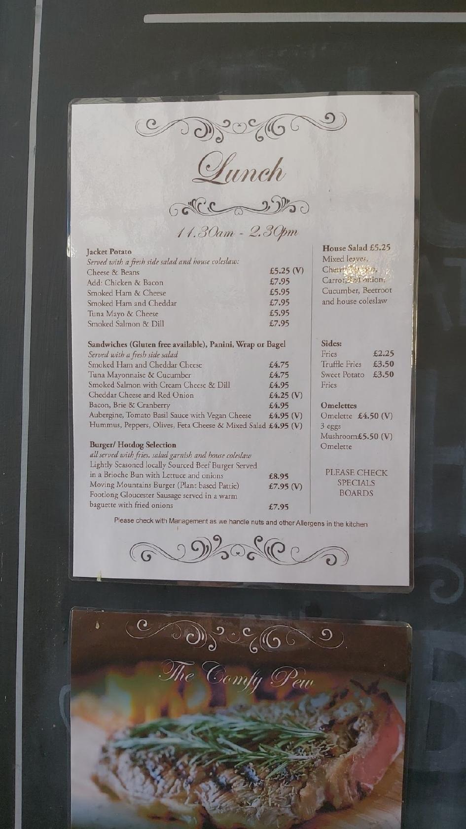 Menu at Comfy Pew Cafe Bistro, Gloucester