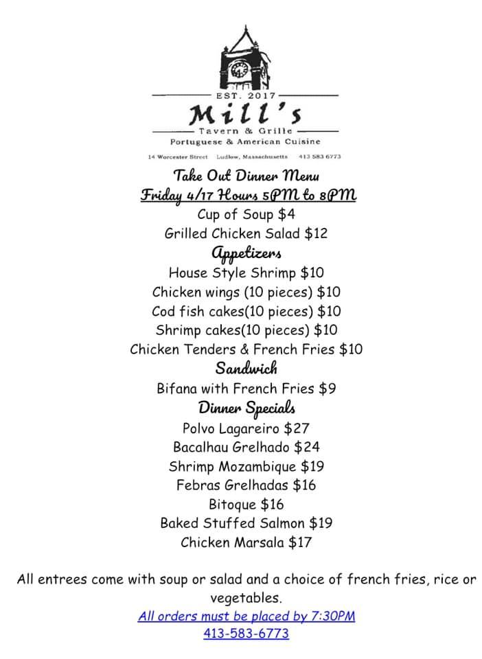 Menu at Mill's Tavern & Grille restaurant, Ludlow