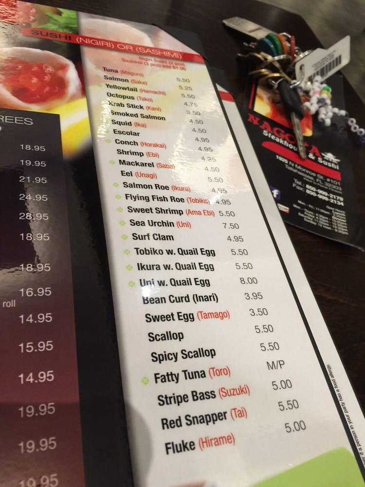 Menu at Nagoya restaurant, Tallahassee