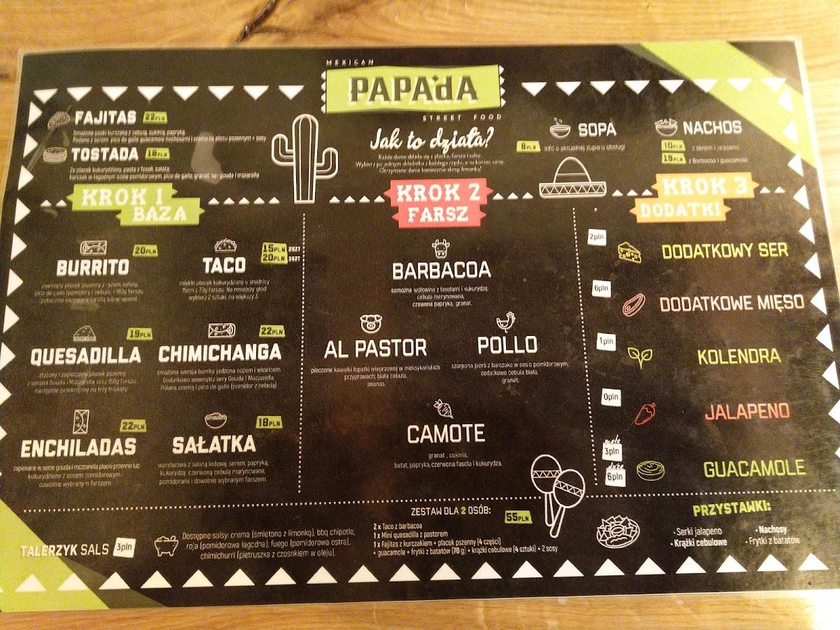 Menu at Papada restaurant, Opole