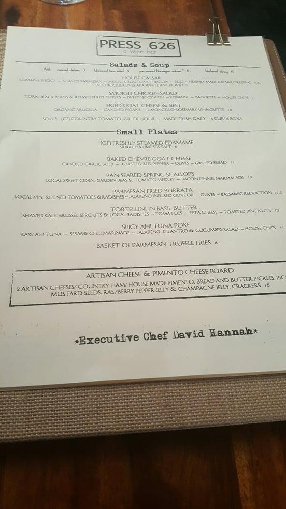 Menu at Press 626 Wine Bar, Norfolk