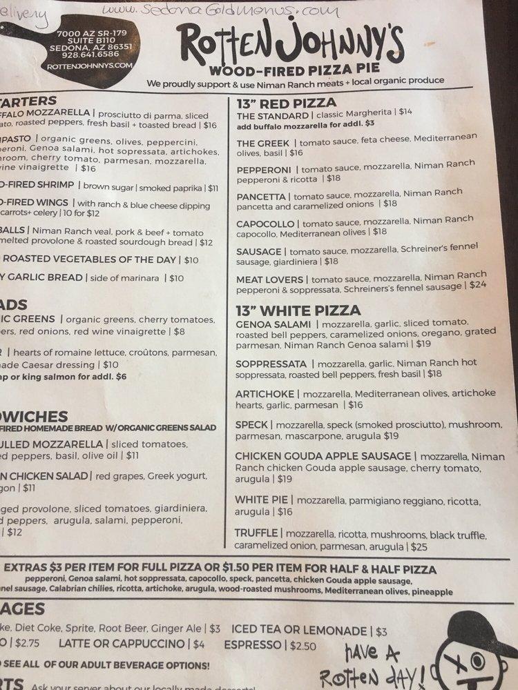 Menu at Rotten Johnny's Wood-Fired Pizza Pie pizzeria, Sedona