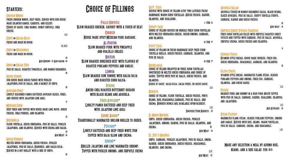 Menu at Taco Escobarr, Portland