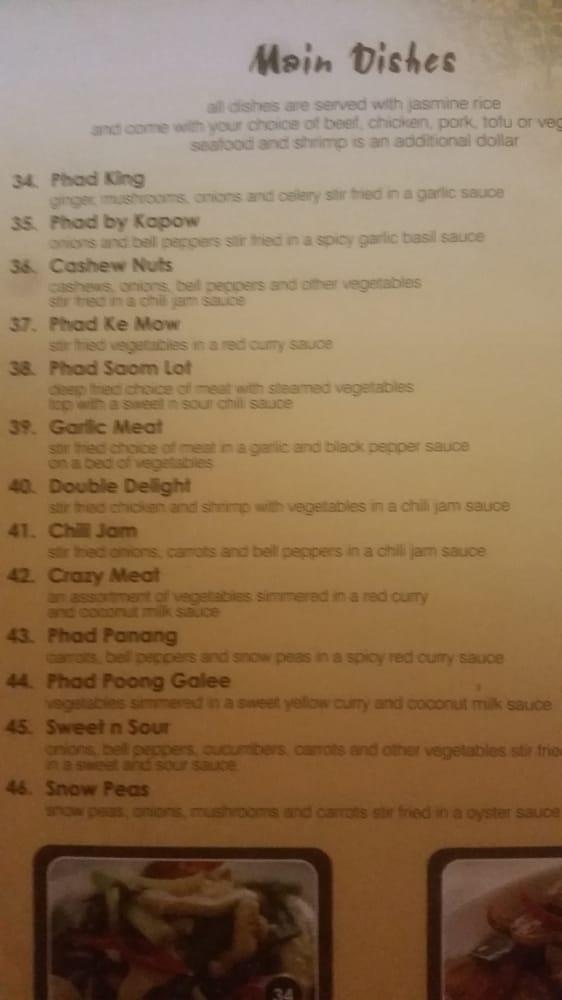 Menu at Thai House restaurant, Sebring