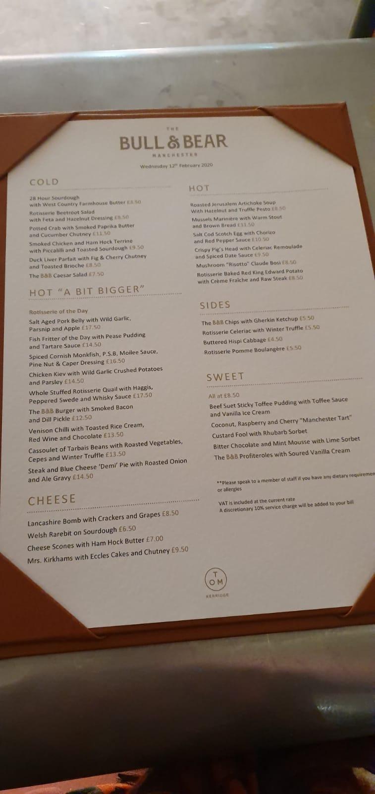 Menu at The Bull & Bear, Manchester restaurant, Manchester