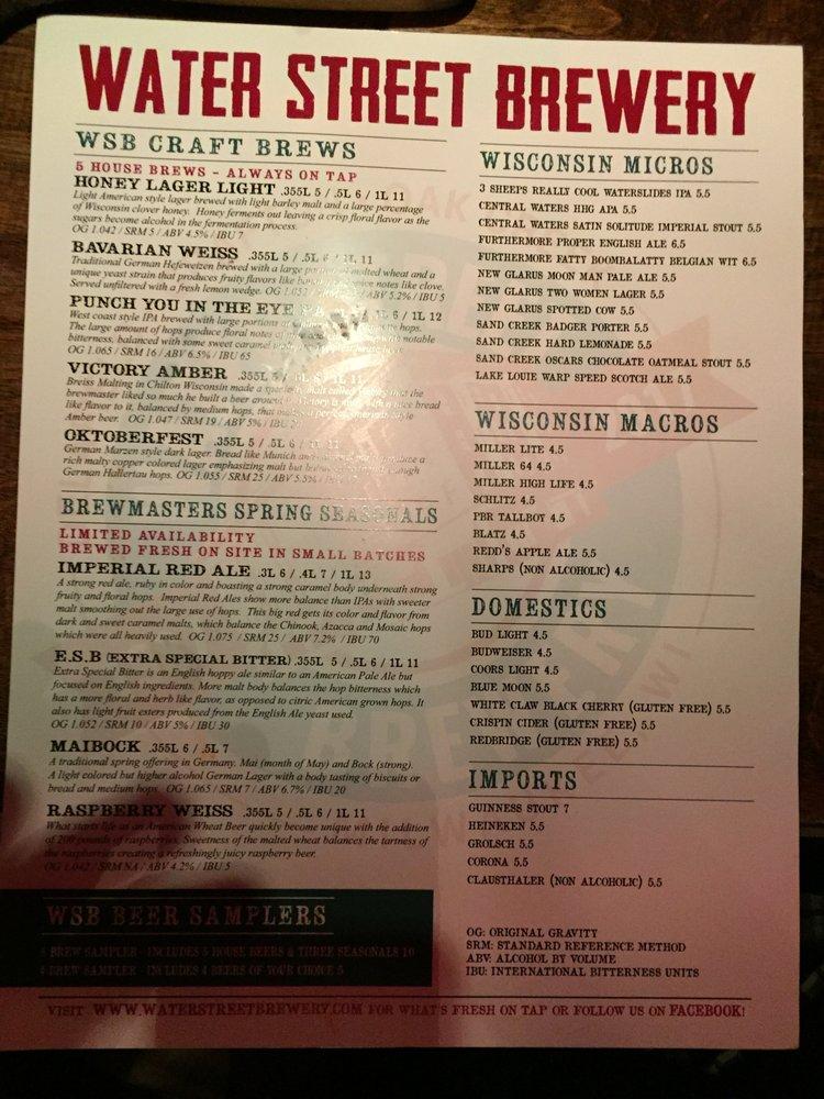 Menu at Water Street Brewery pub & bar, Oak Creek