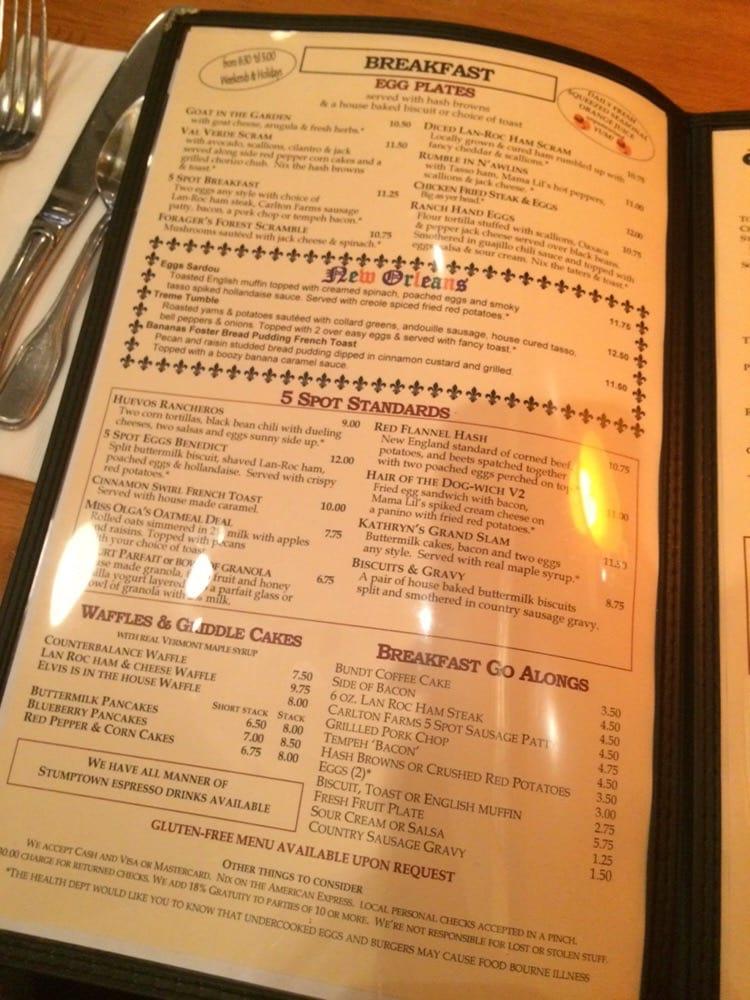 Menu at 5 Spot restaurant, Seattle