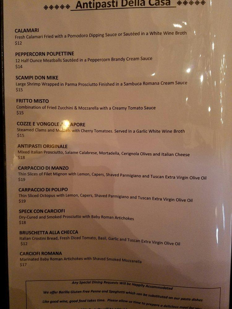 Menu at Aliotta's Via Firenze restaurant, Torrance