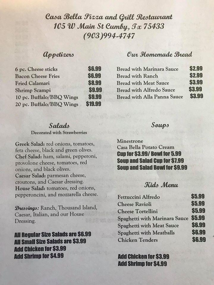 Menu at Casa Bella Pizza and Grill restaurant, Cumby