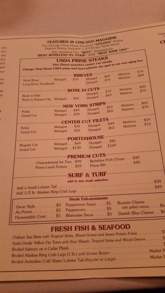 Menu at Chicago Chop House pub & bar, Chicago