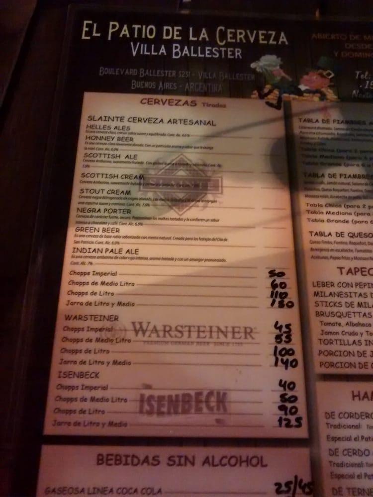 Menu at El Patio de la Cerveza Artesanal restaurant, Villa Ballester