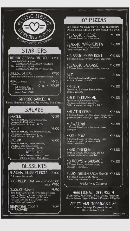 Menu at Flying Heart Brewing & Pub, Bossier City