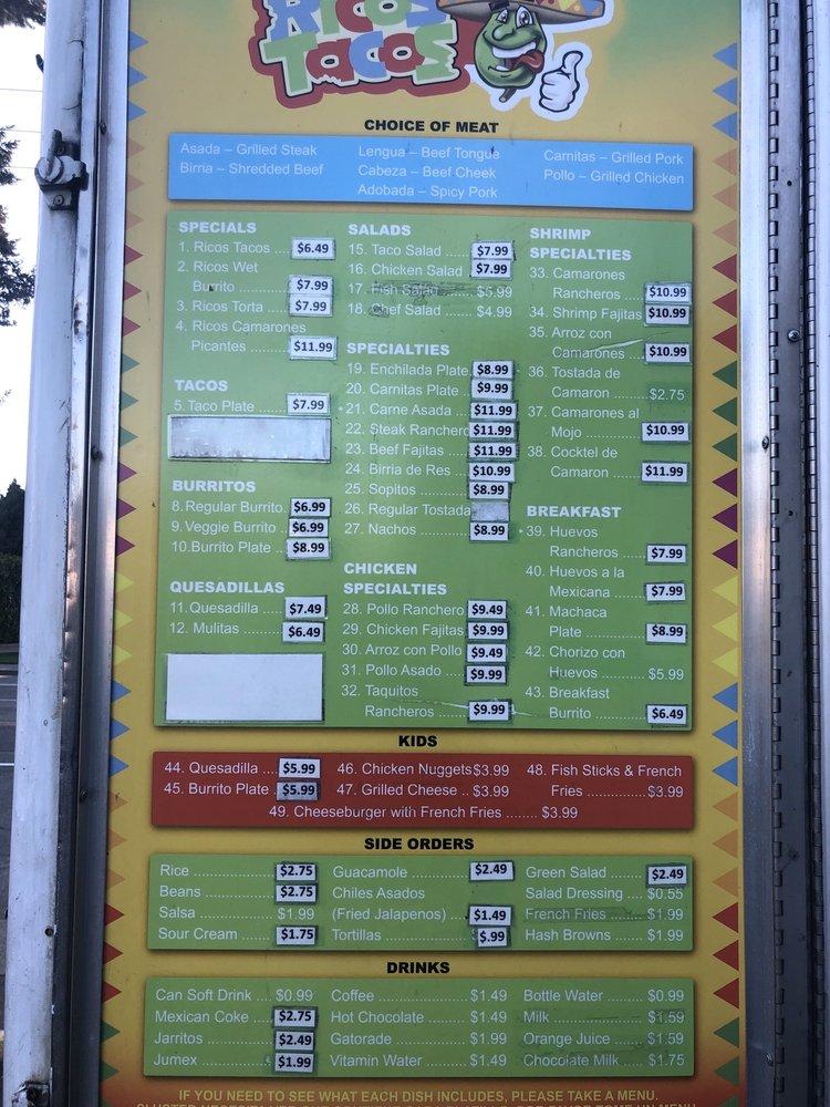 Menu at Ricos Tacos restaurant, Tacoma, Center St