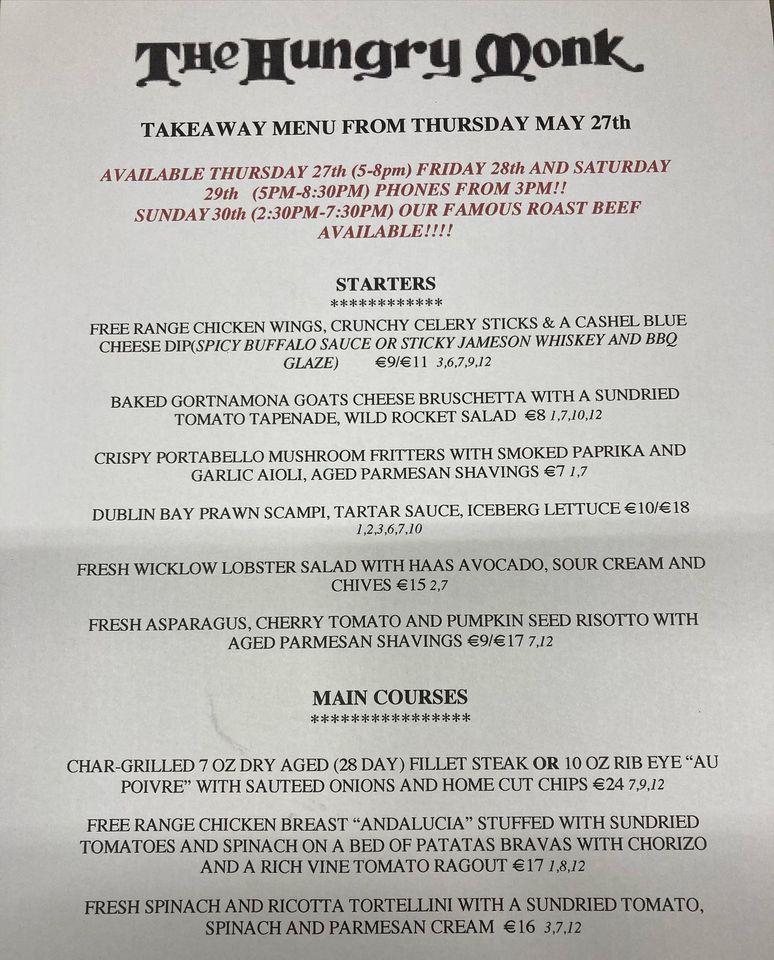 Menu at The Hungry Monk restaurant, Greystones