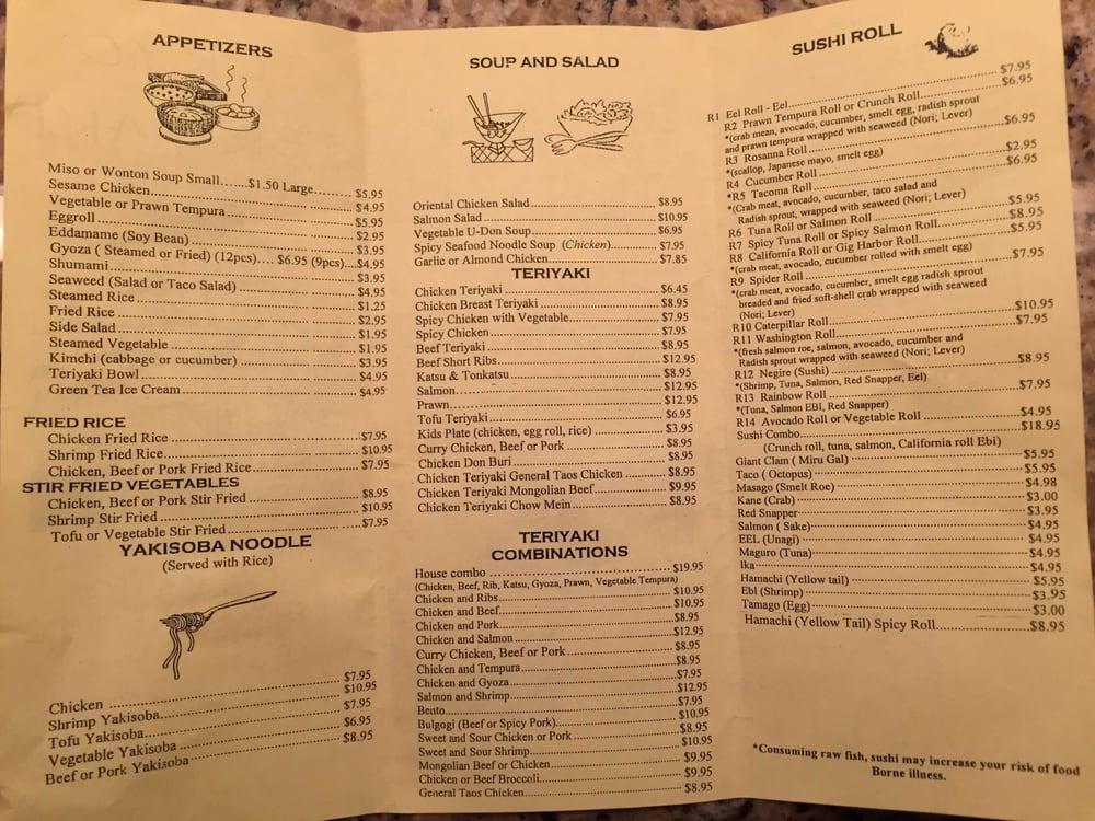 Menu at Tokyo Teriyaki restaurant, Gig Harbor