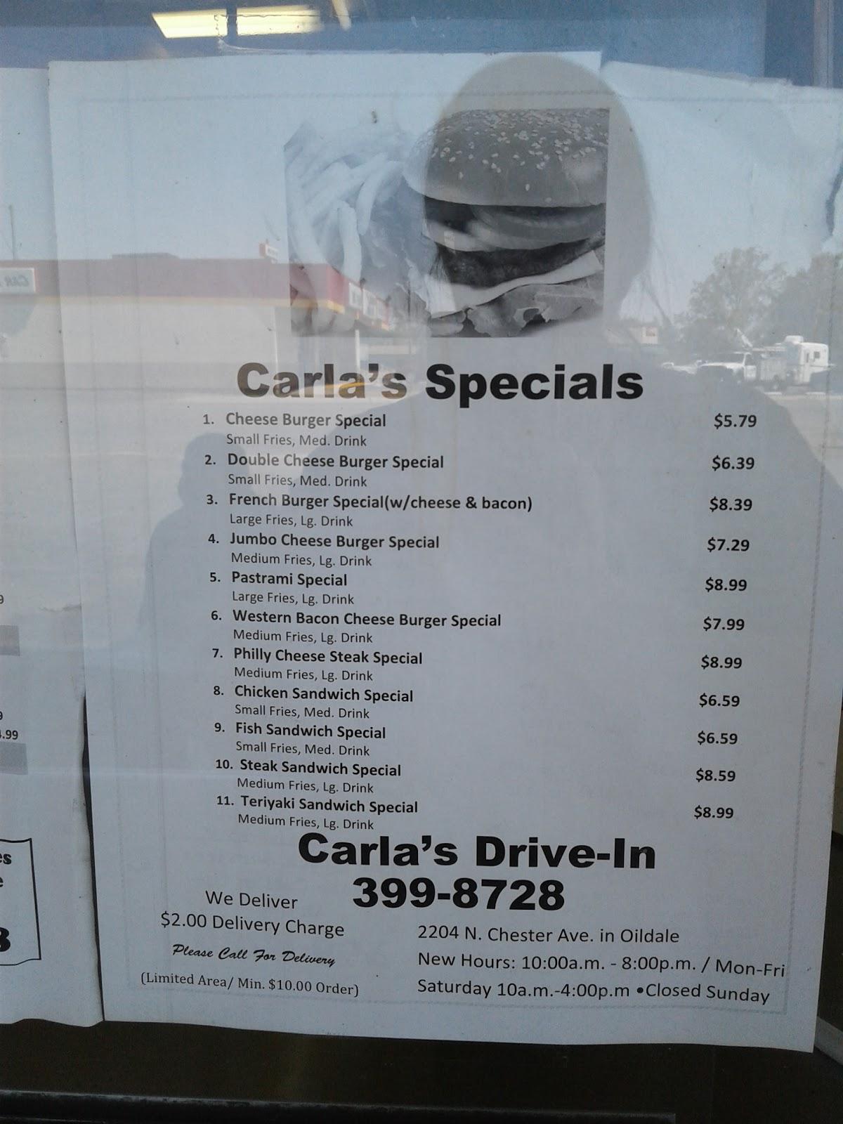 Menu at Carla's Drive In restaurant, Bakersfield, N Chester Ave