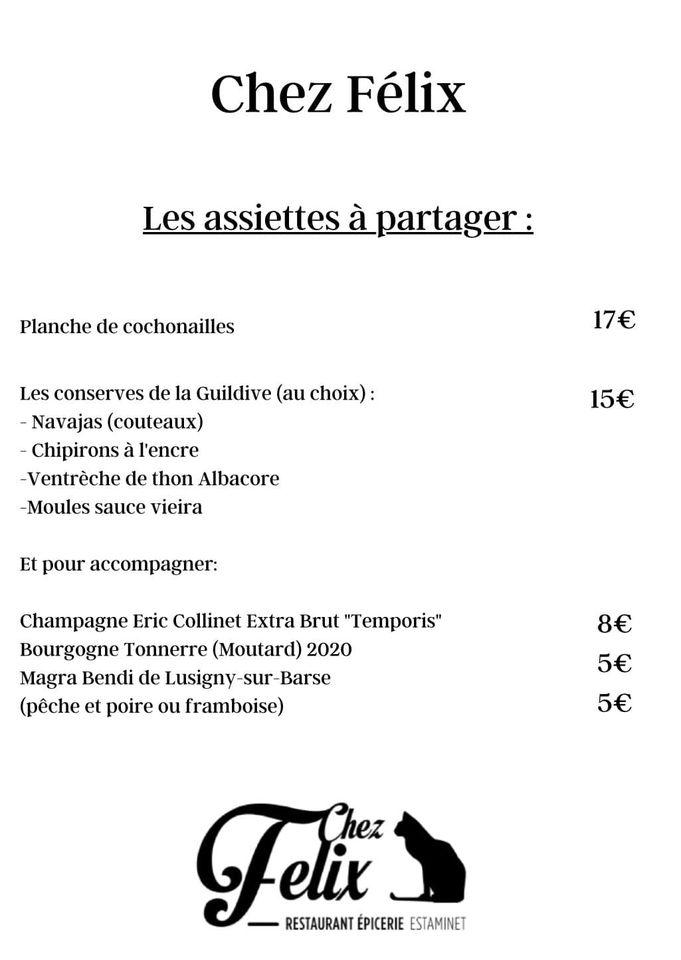 Menu at Chez Felix restaurant, Troyes