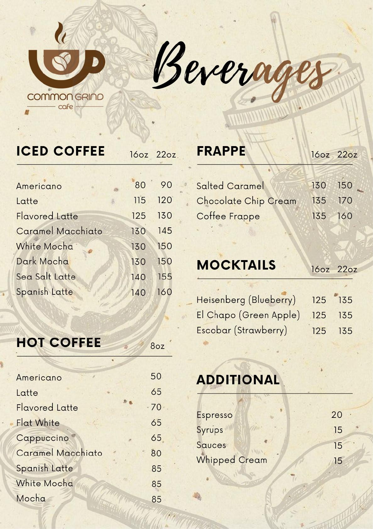 Menu at Common Grind Café, Imus