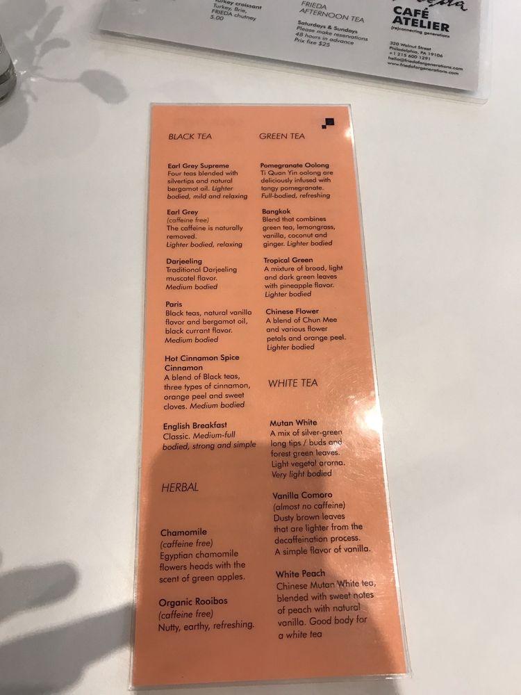 Menu at FRIEDA cafe, Philadelphia