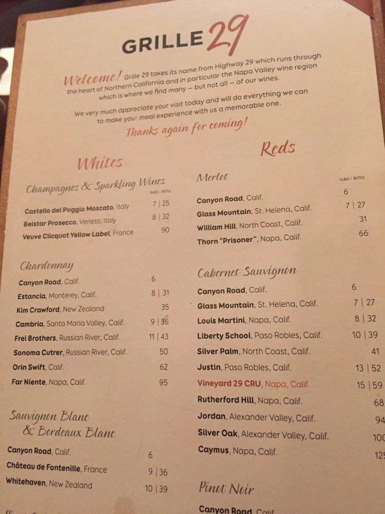 Menu at Grille 29 steakhouse, Birmingham, 971 Brookwood Village