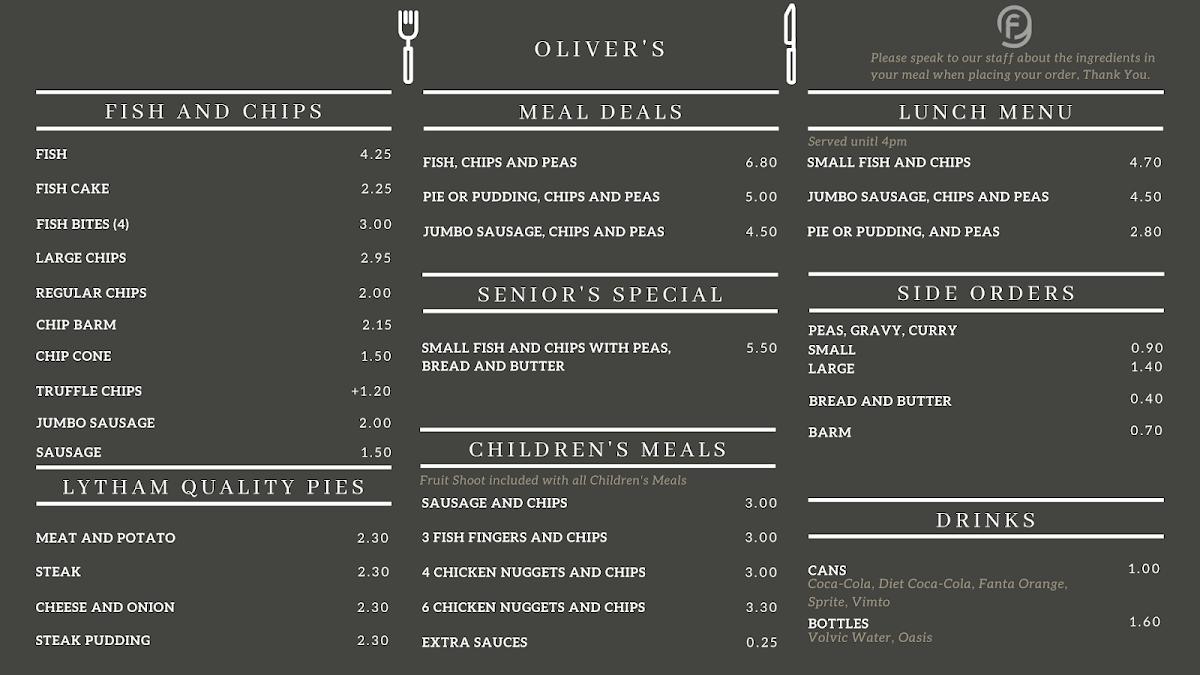 Menu at Oliver's Chippy restaurant, Freckleton