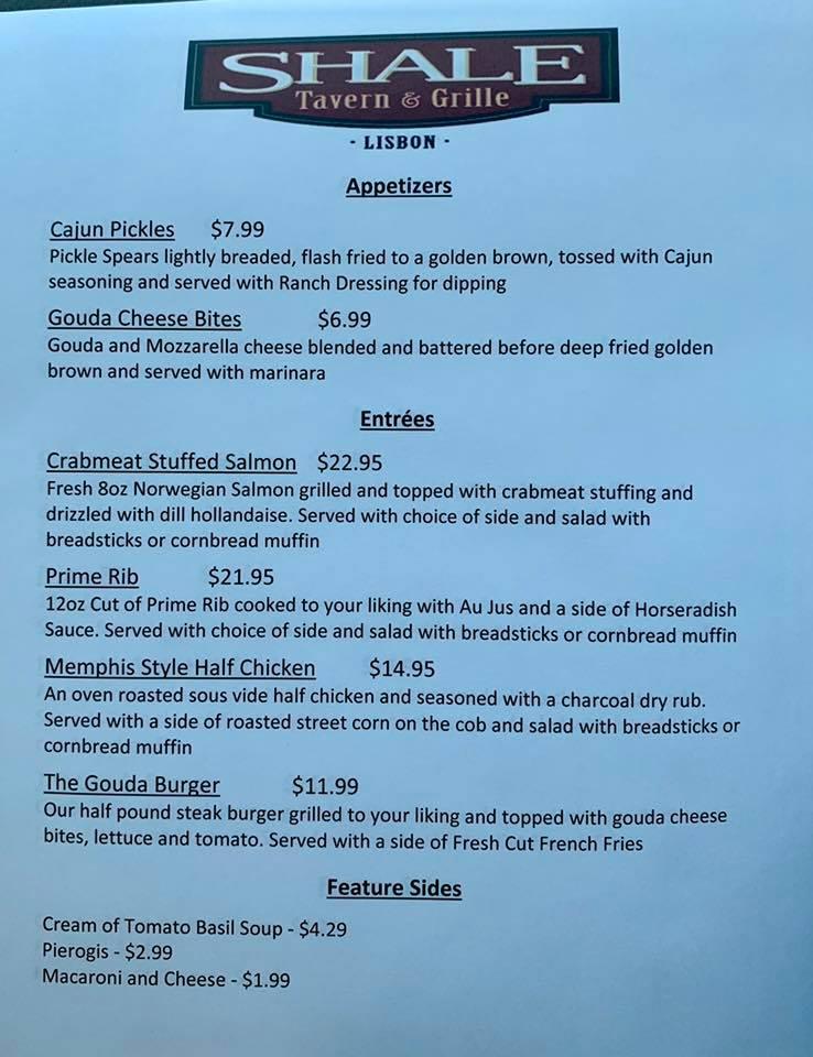 Menu at Shale Tavern & Grille restaurant, Lisbon