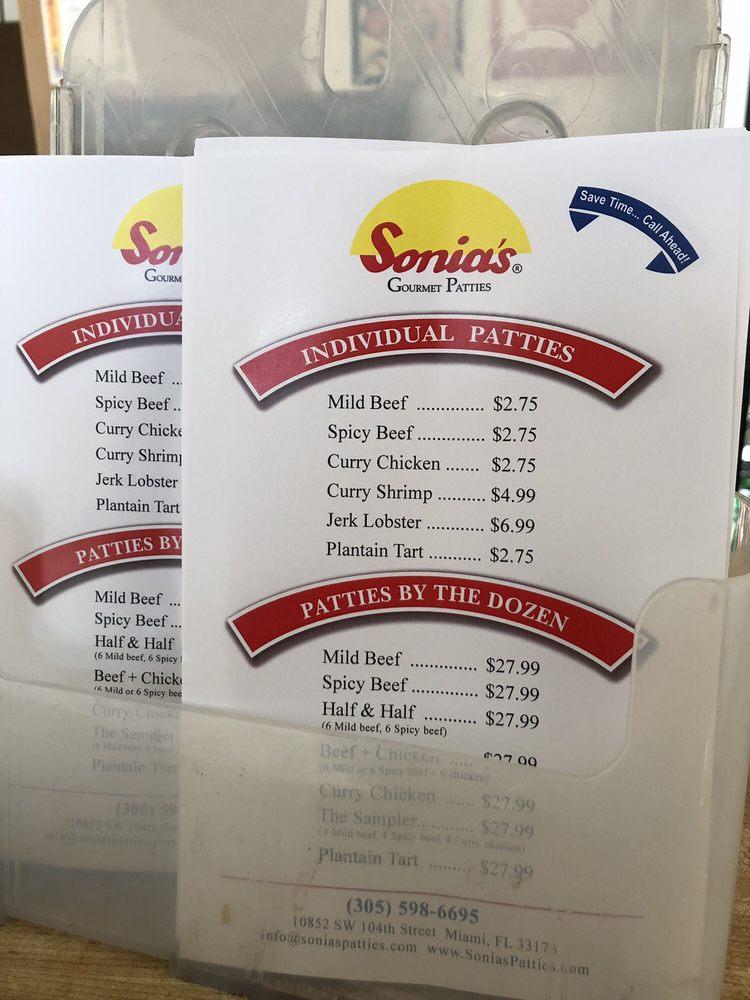 Menu at Sonia's Patties restaurant, Miami, SW 104th St